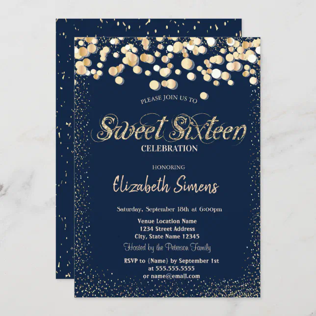 Gold Confetti Dots Navy Blue Sweet 16 Invitation | Zazzle