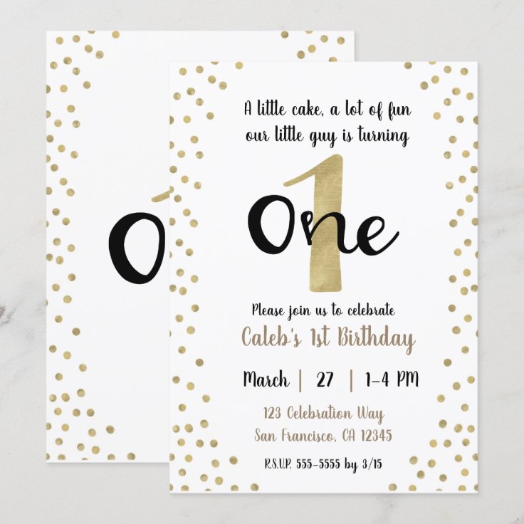 Gold Confetti Dots Number 1 ONE 1st Birthday Party Invitation | Zazzle