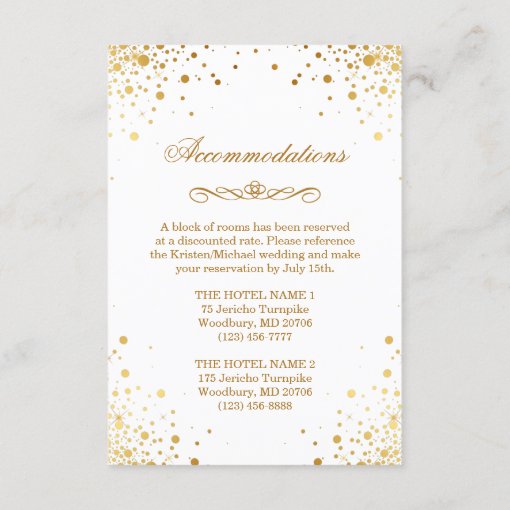 Gold Confetti Dots Wedding Accommodation Reception Enclosure Card | Zazzle