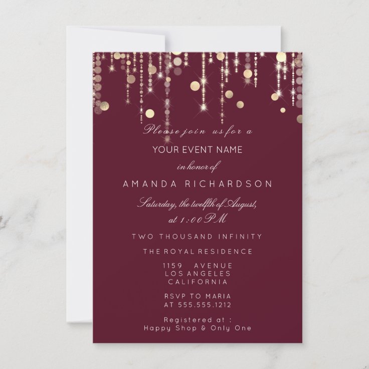 Gold Confetti Drip Birthday Bridal Burgundy Maroon Invitation | Zazzle