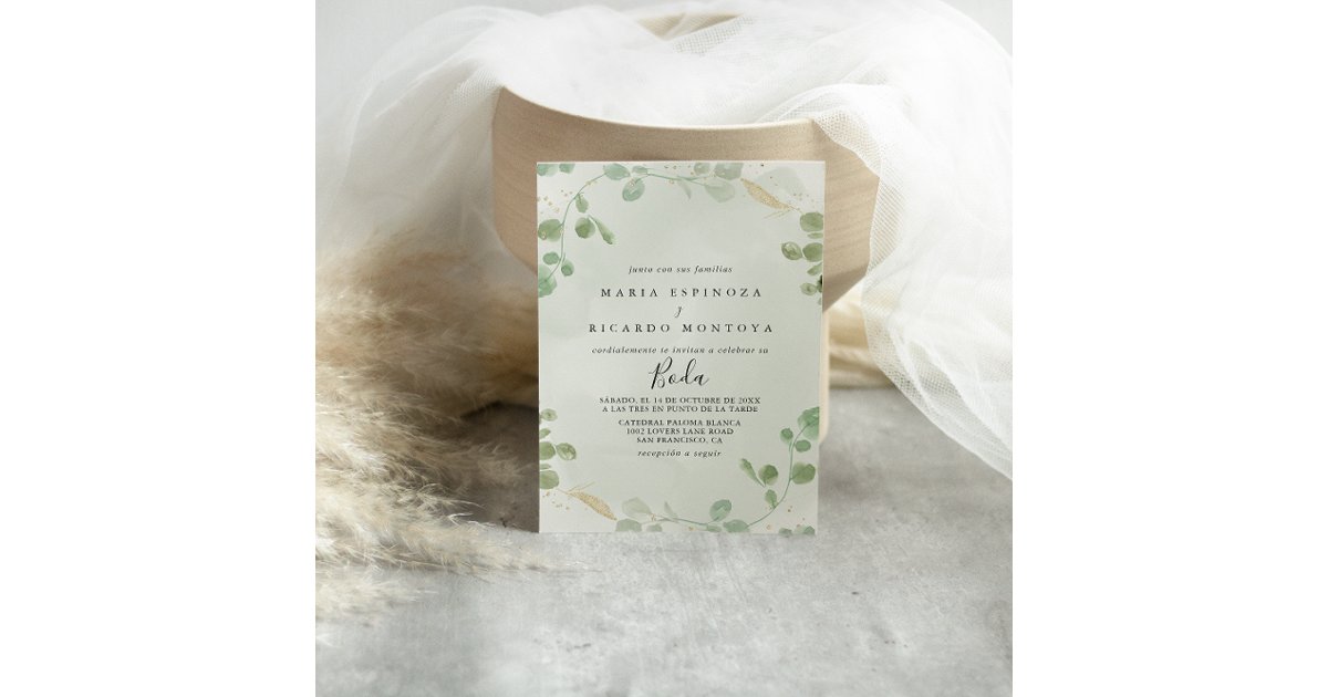 Gold Confetti Eucalyptus Foliage Spanish Wedding Invitation | Zazzle