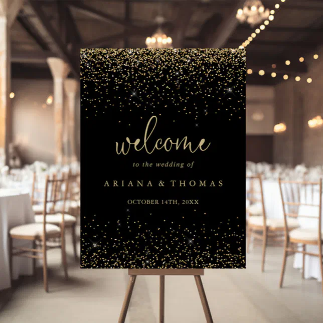 Gold Confetti Fancy Script Wedding Welcome Sign | Zazzle