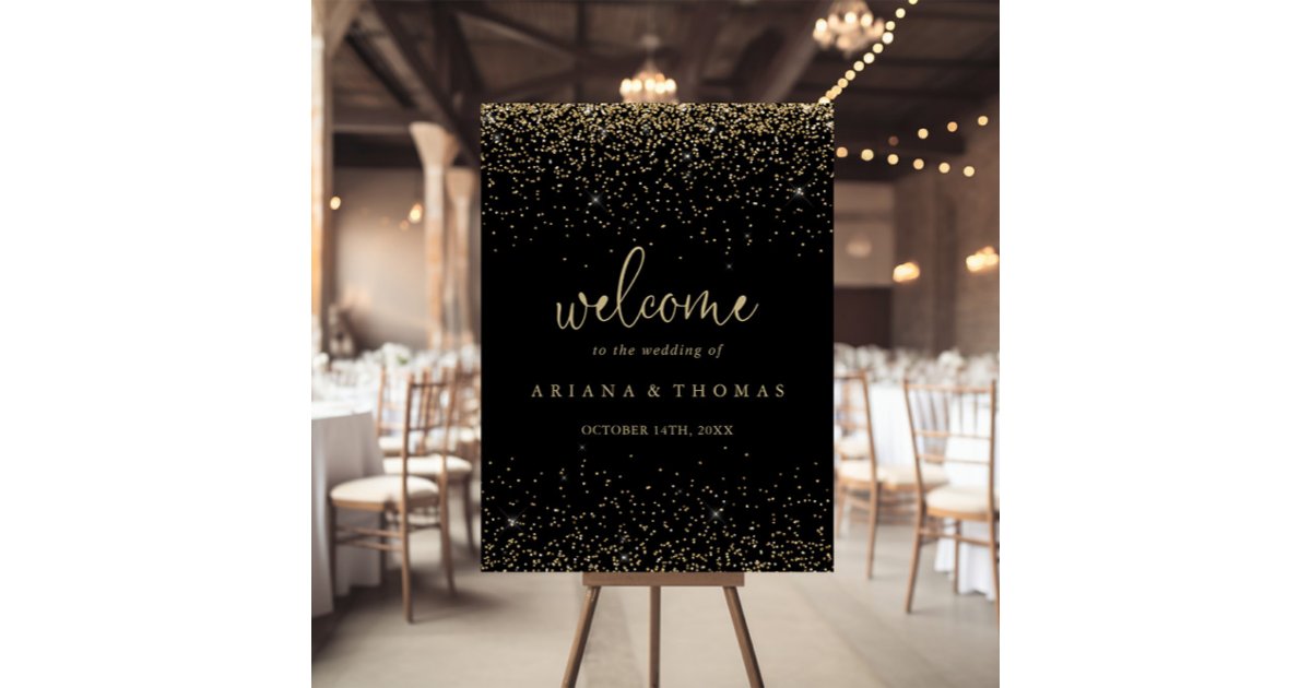 Gold Confetti Fancy Script Wedding Welcome Sign | Zazzle