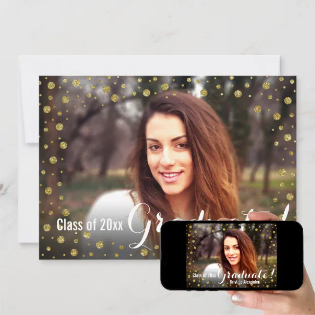 Gold Confetti Graduation Announcement Photo Card | Zazzle