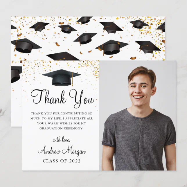 Gold confetti Graduation Caps Graduate Photo Thank You Card | Zazzle
