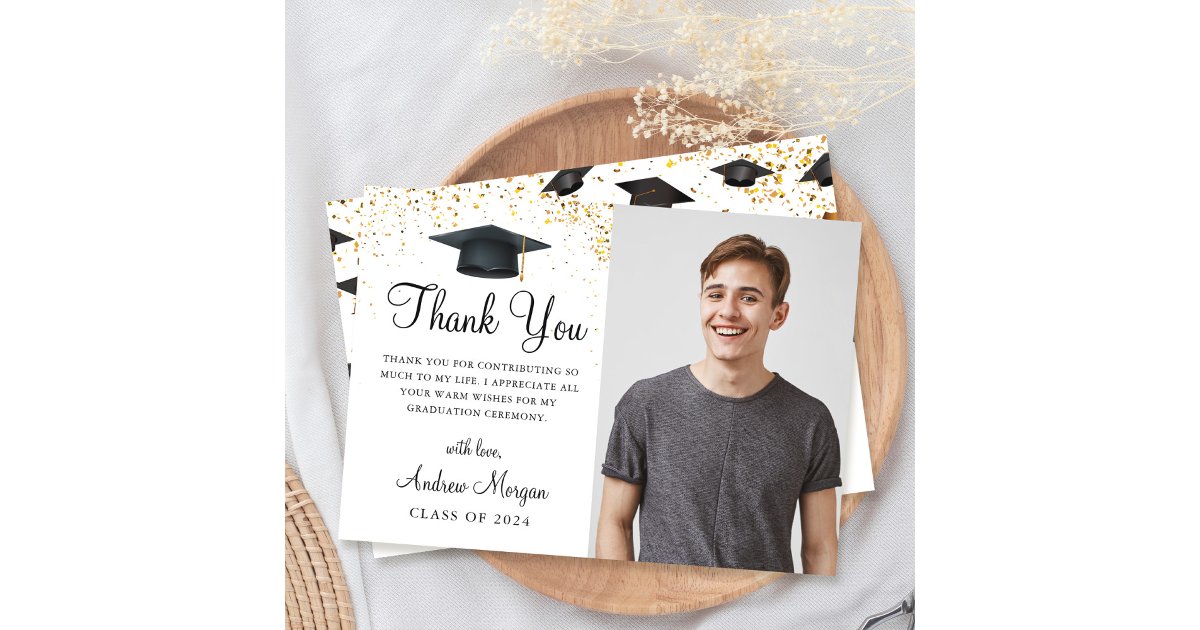Gold confetti Graduation Caps Graduate Photo Thank You Card | Zazzle