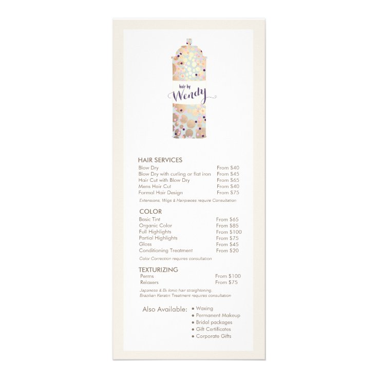Gold Confetti Hair Spray Hair Salon Service Menu | Zazzle
