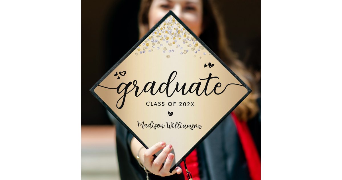 Gold Confetti Jewels Modern Elegant Script Hearts Graduation Cap Topper ...