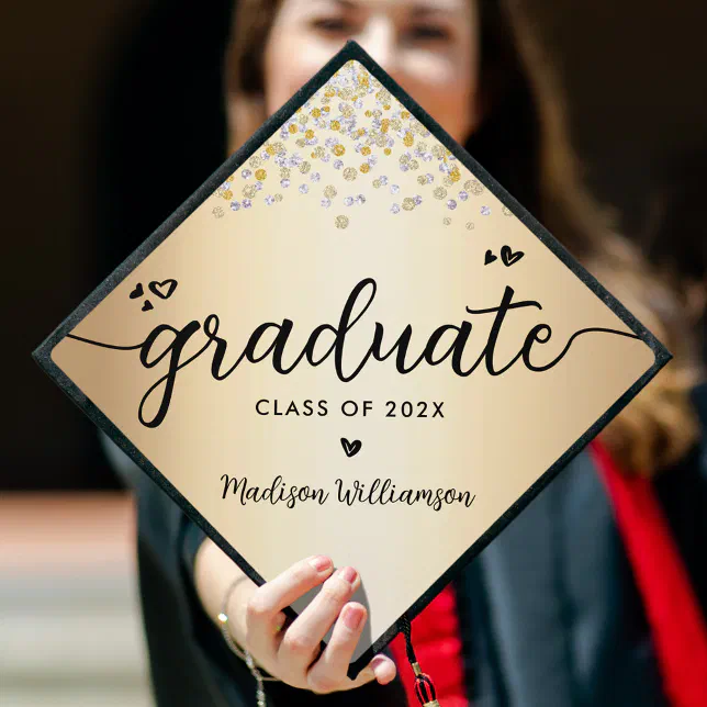 Gold Confetti Jewels Modern Elegant Script Hearts Graduation Cap Topper ...