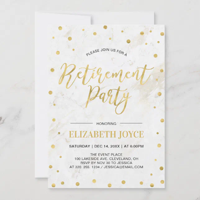 Gold Confetti & Marble | Modern Retirement Party Invitation | Zazzle