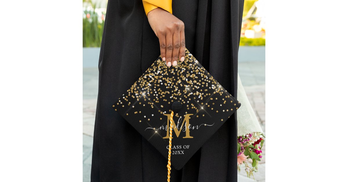 Gold Confetti Monogram Graduation Cap Topper | Zazzle
