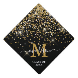 Gold Confetti Monogram Graduation Cap Topper | Zazzle