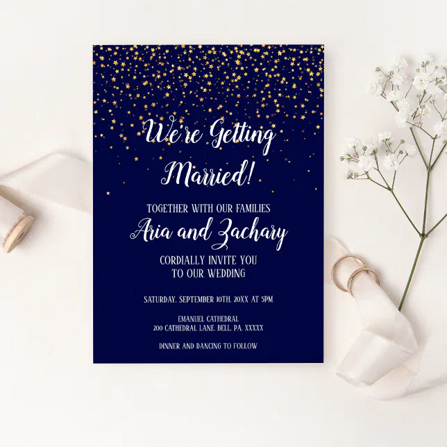 Gold Confetti|Navy We're Getting Married Wedding Invitation | Zazzle
