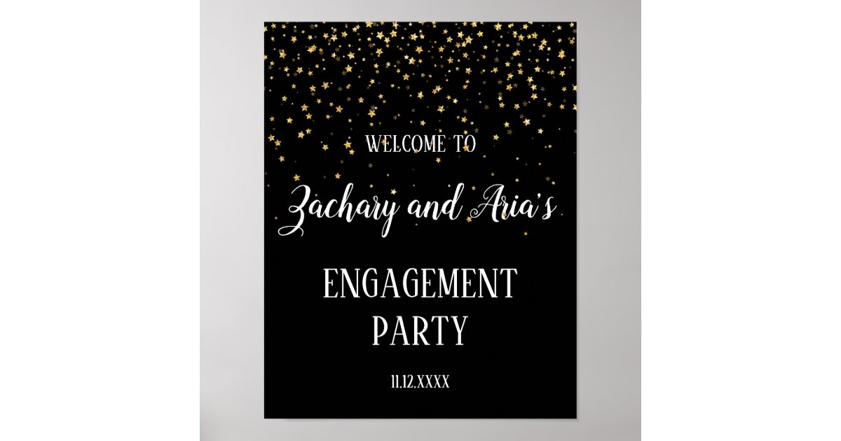 Gold Confetti on Black Engagement Party Welcome Poster | Zazzle