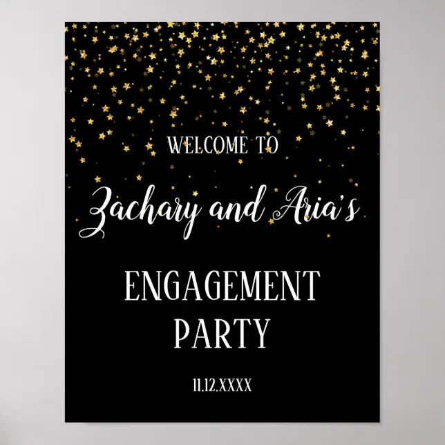 Gold Confetti on Black Engagement Party Welcome Poster | Zazzle