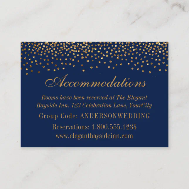 Gold Confetti on Navy Wedding Accommodation Cards | Zazzle