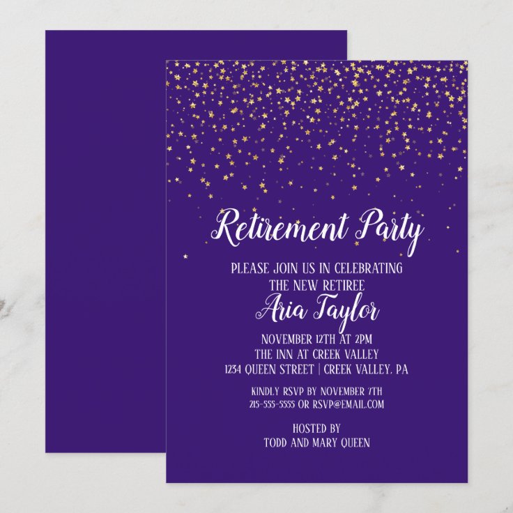 Gold Confetti on Purple Retirement Invitation | Zazzle