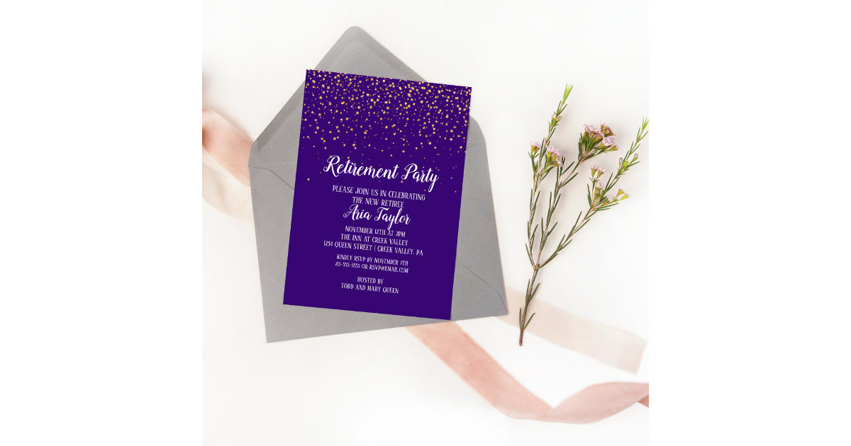 Gold Confetti on Purple Retirement Invitation | Zazzle