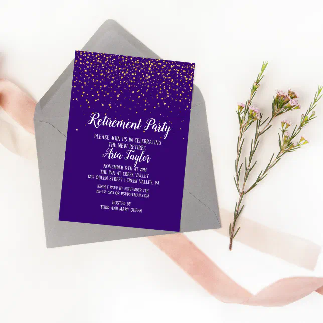 Gold Confetti on Purple Retirement Invitation | Zazzle