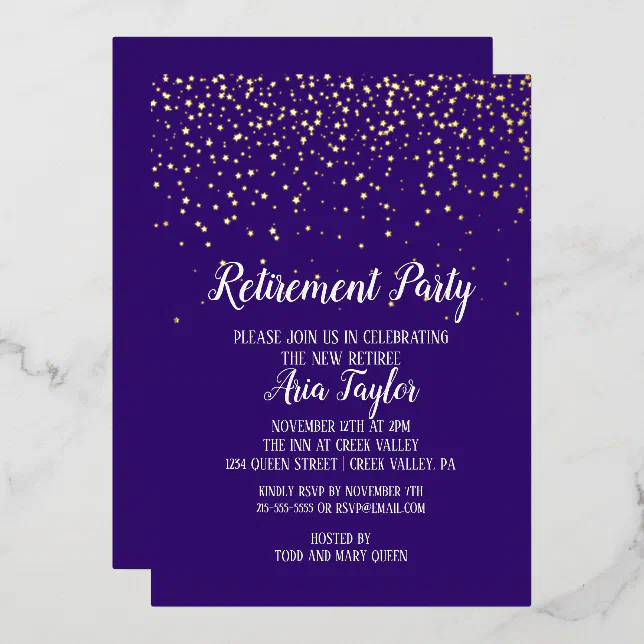 Gold Confetti on Purple Retirement Party Gold Foil Invitation | Zazzle