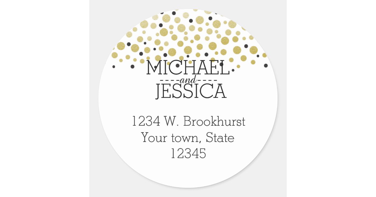 Gold Confetti Personalized name and address Classic Round Sticker | Zazzle