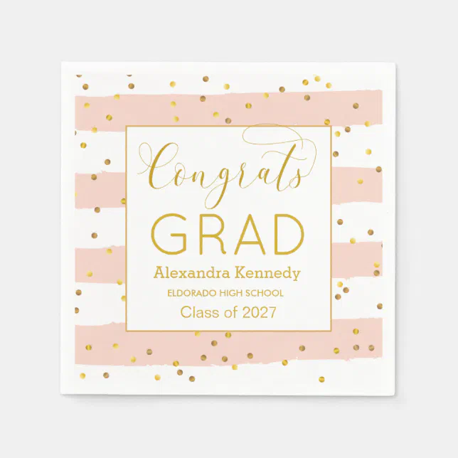 Gold Confetti Pink Stripes Graduation Paper Napkin | Zazzle