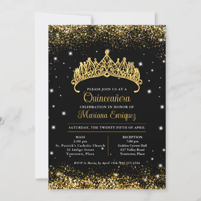 Gold Confetti Quinceanera Tiara Invitation | Zazzle