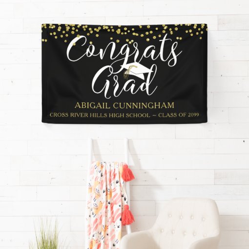 Gold Confetti Script CONGRATS GRAD Black Gold Banner | Zazzle