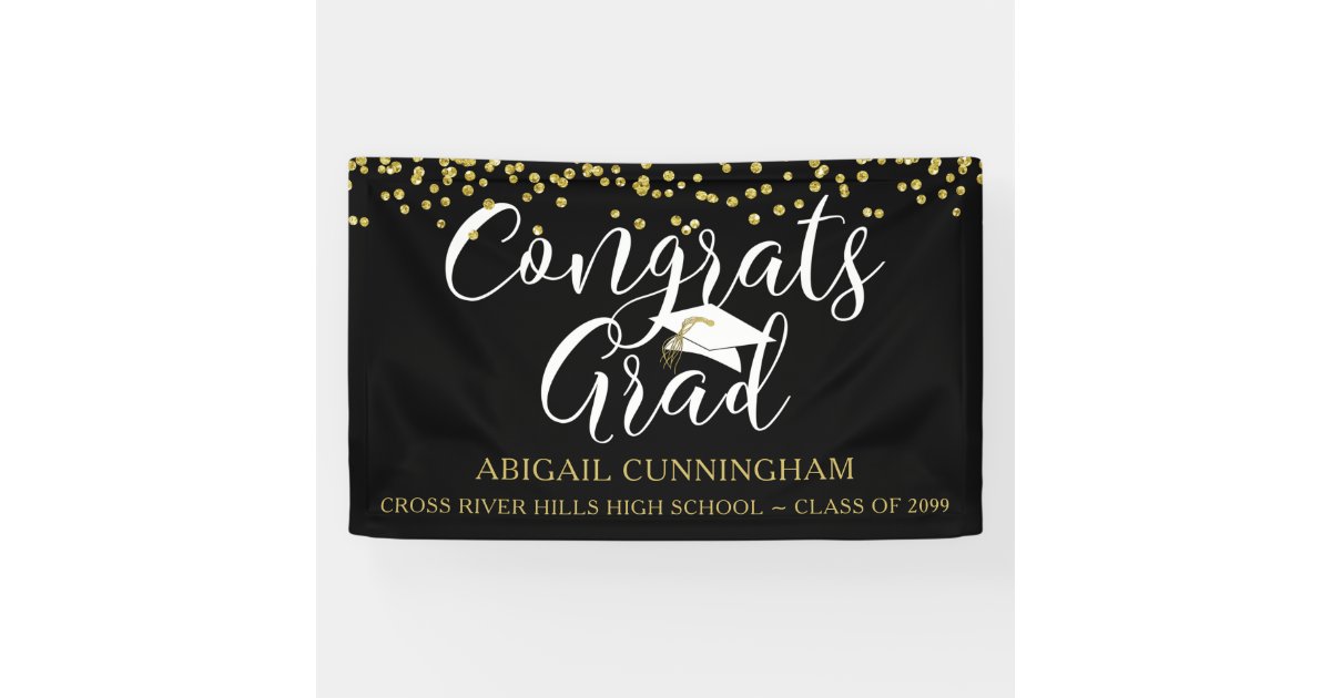 Gold Confetti Script CONGRATS GRAD Black Gold Banner | Zazzle