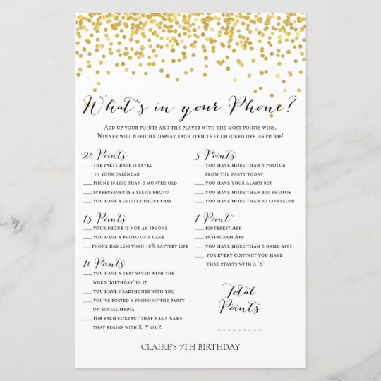 Gold Confetti What's in your phone Birthday Game | Zazzle.com