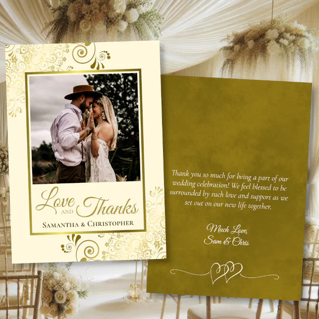 Gold & Cream Love & Thanks Posh Wedding Photo Note Thank You Card | Zazzle