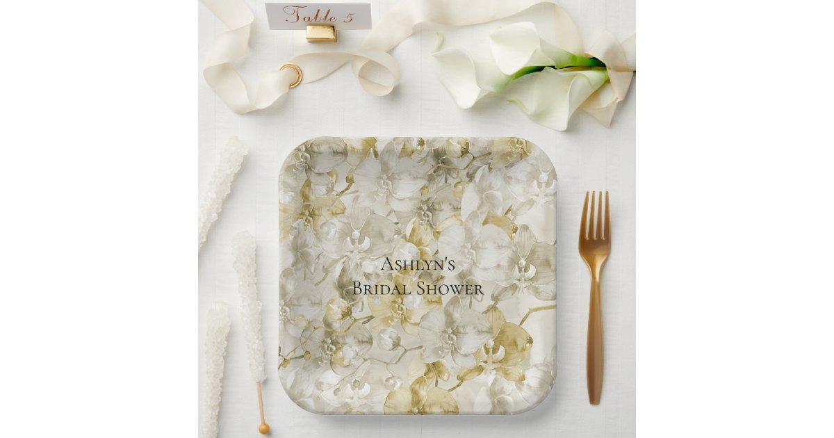 Gold Cream Orchid Flowers Bridal Shower Paper Plates | Zazzle