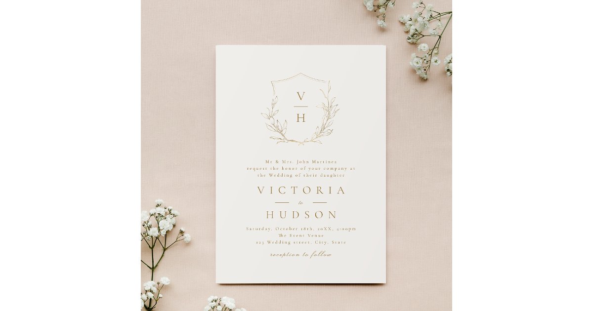Gold cream simple botanical crest monogram wedding invitation | Zazzle