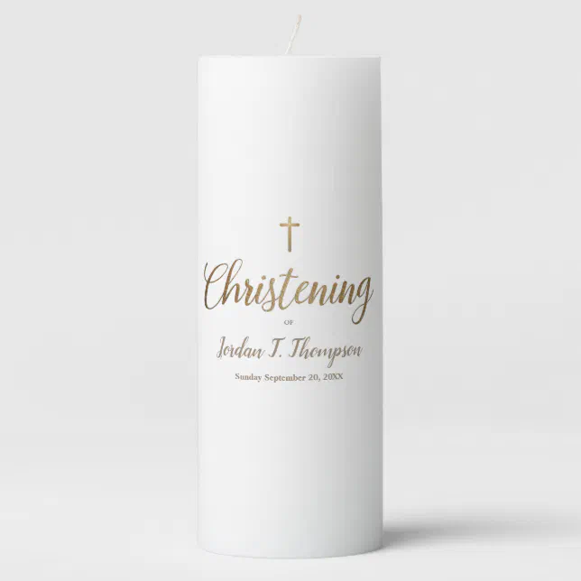 Gold Cross Baby Christening Script Personalized Pillar Candle | Zazzle