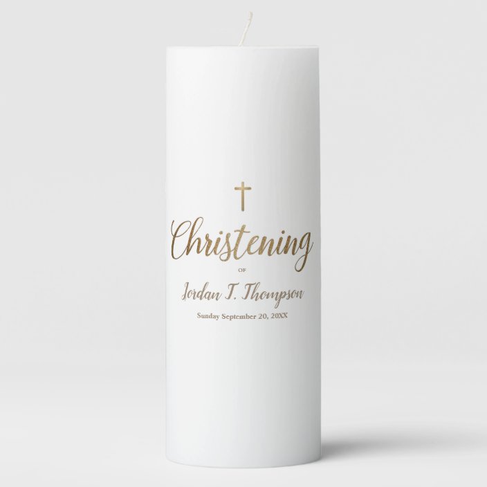 Gold Cross Baby Christening Script Personalized Pillar Candle | Zazzle.com