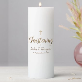 Gold Cross Baby Christening Script Personalized Pillar Candle | Zazzle