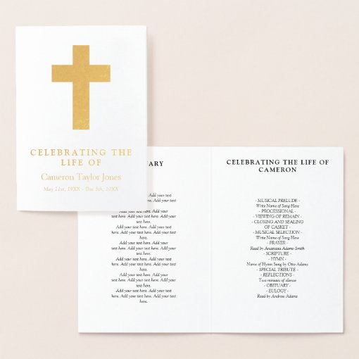 Gold Cross Celebration of Life Funeral Program | Zazzle