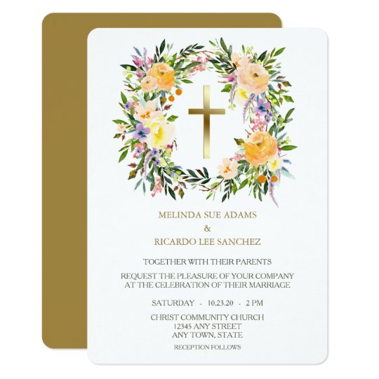 Gold Cross Floral Wreath Wedding Invitation | Zazzle.com