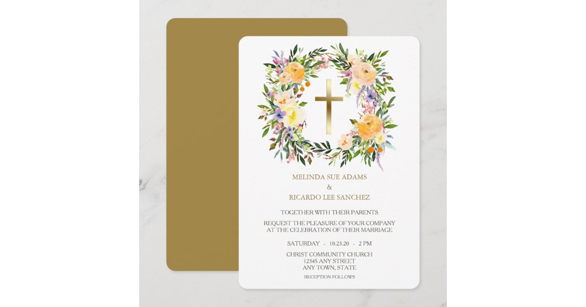 Gold Cross Floral Wreath Wedding Invitation | Zazzle