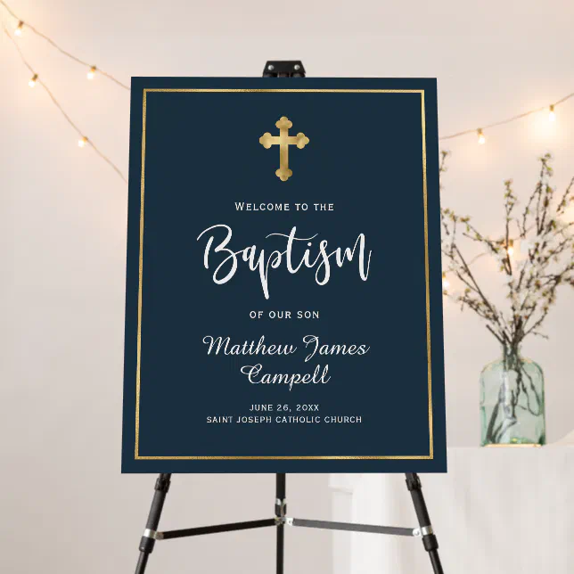 Gold Cross Modern Script Navy Boy Baptism Welcome Foam Board | Zazzle