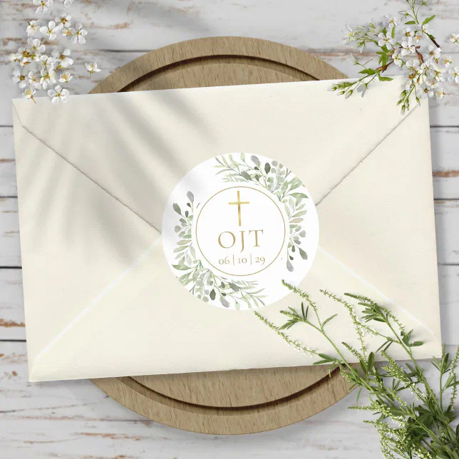 Gold Cross Monogram Initials Greenery Classic Round Sticker | Zazzle