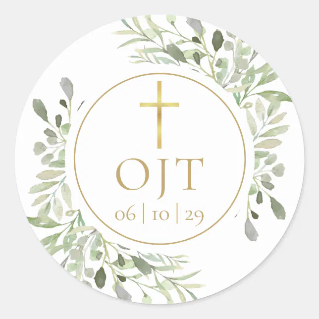 Gold Cross Monogram Initials Greenery Classic Round Sticker | Zazzle