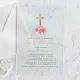 Gold Cross Pink Floral First Communion Acrylic Invitations | Zazzle