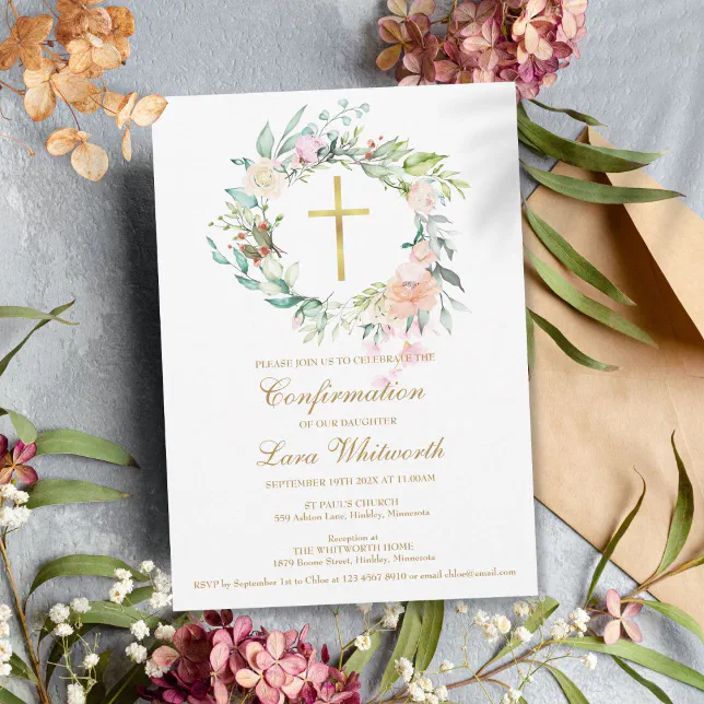 Gold Cross Watercolor Floral Confirmation Invitation | Zazzle