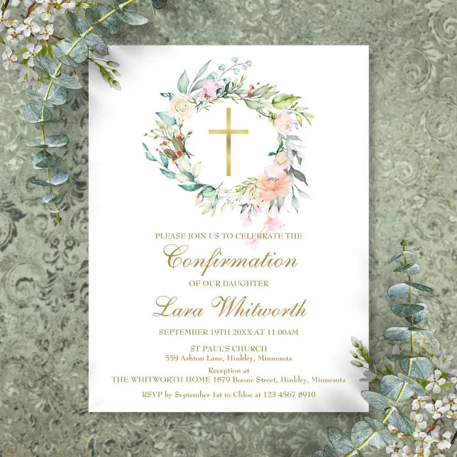 Gold Cross Watercolor Floral Confirmation Invitation Postcard | Zazzle