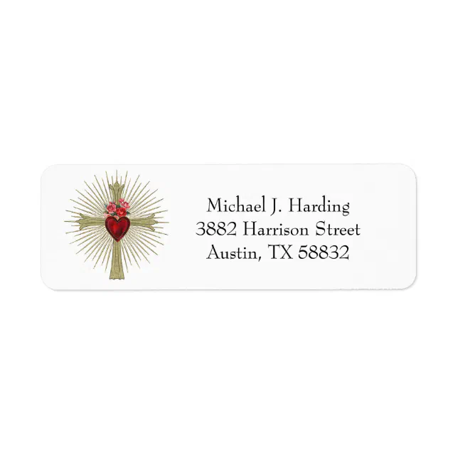 Gold Cross with Red Heart and Roses Religious Label | Zazzle
