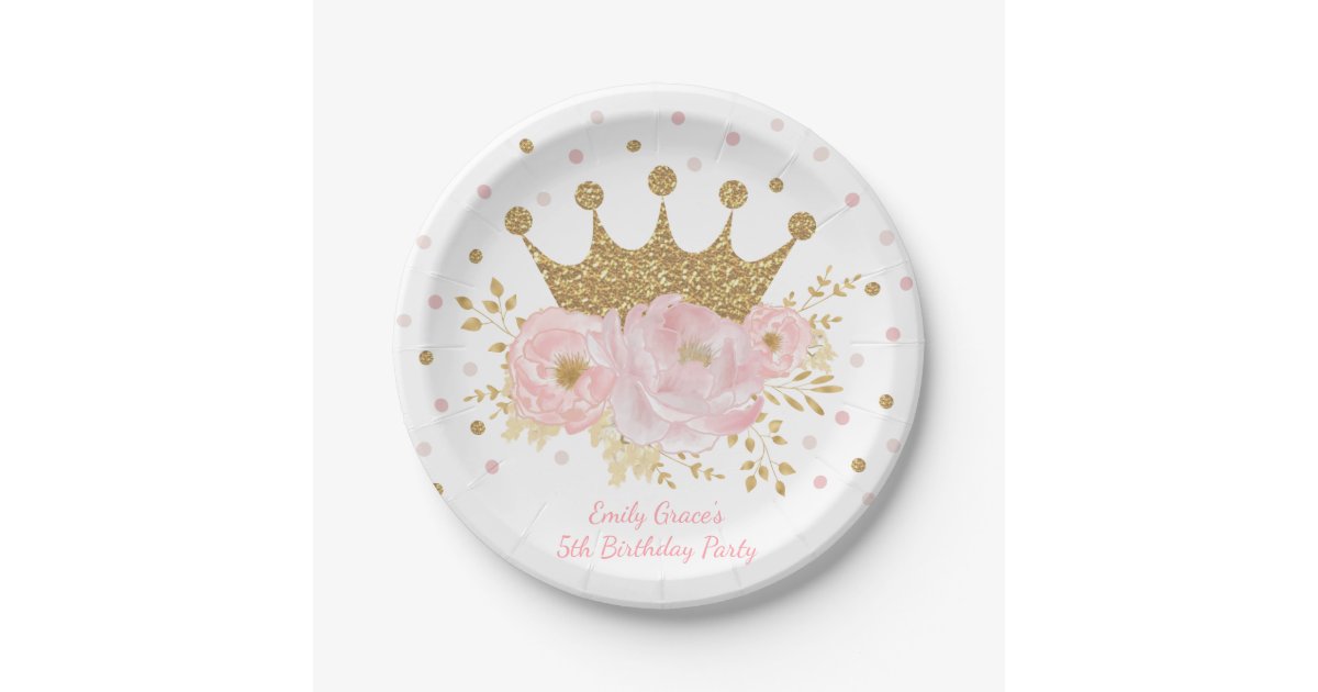 Gold Crown Blush Pink Floral Royal Princess Paper Plates | Zazzle