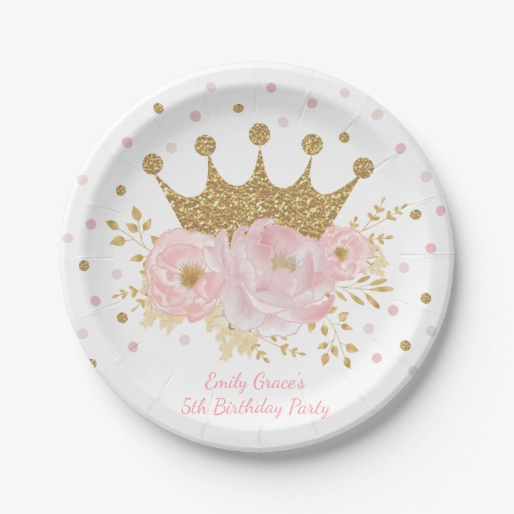 Gold Crown Blush Pink Floral Royal Princess Paper Plates | Zazzle