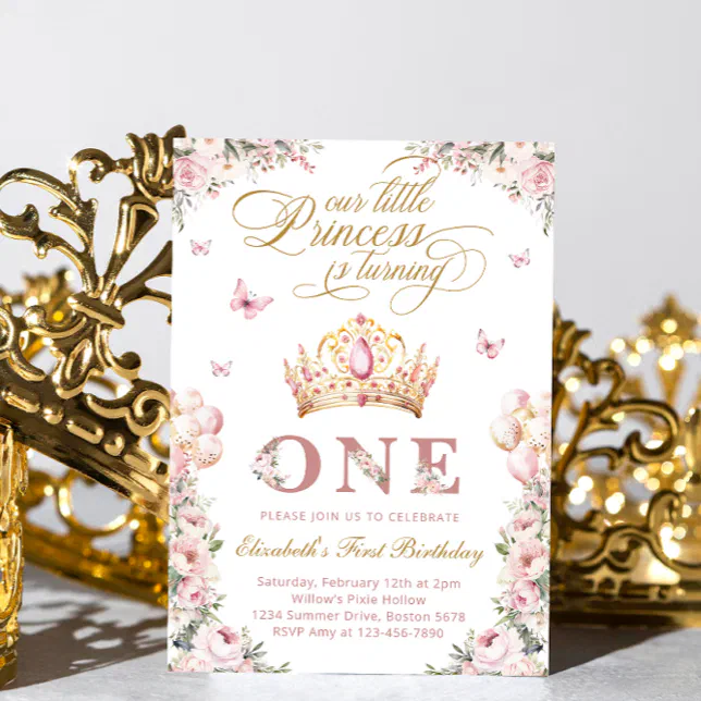 Gold Crown Princess Blush Pink Floral Birthday Invitation | Zazzle