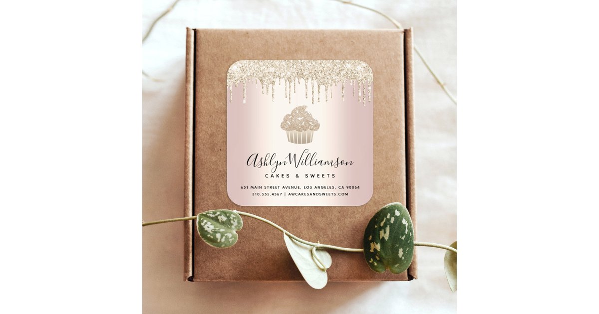 Gold Cupcake Glitter Drips Pink Pastry Chef Bakery Square Sticker | Zazzle